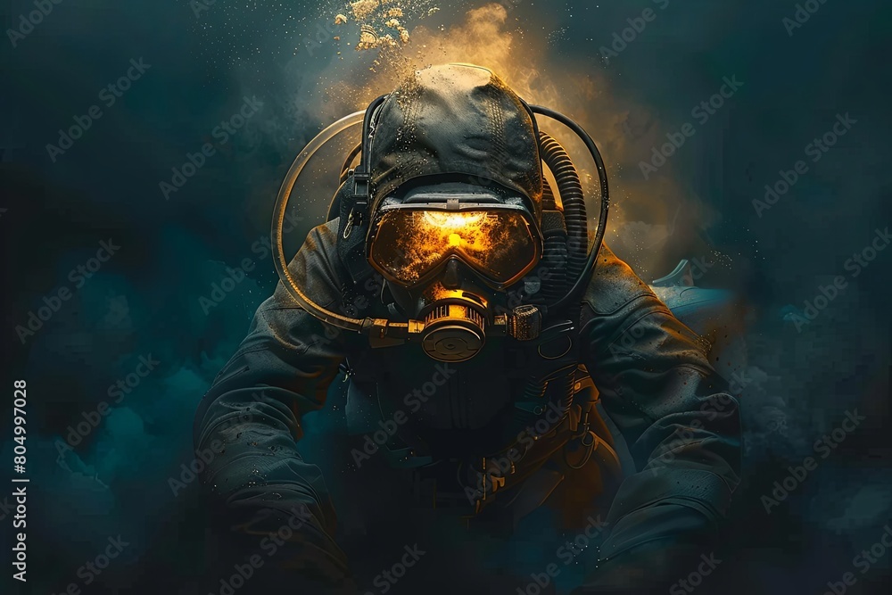 Illustration depicts a deep-sea diver enveloped in an abyss of darkness ...