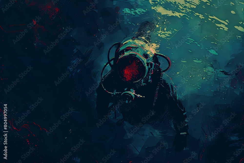Illustration depicts a deep-sea diver enveloped in an abyss of darkness ...