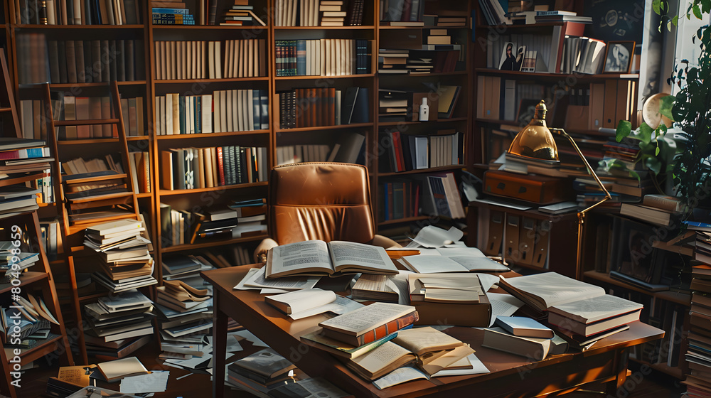 A cluttered academic study room with bookshelves open textbooks and a ...