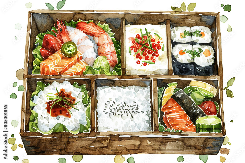 Bento Box, A neatly arranged bento with compartments for rice, fish ...