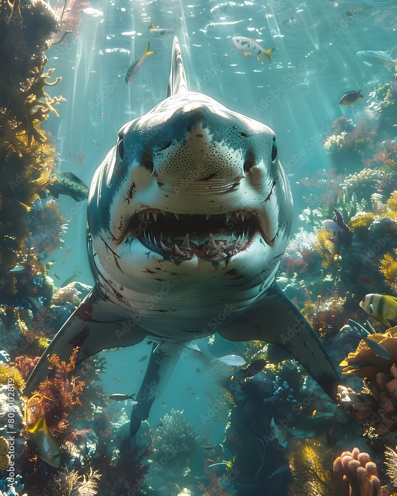 Massive Tiger Shark Cruising Through Vibrant Coral Reef Ecosystem with ...