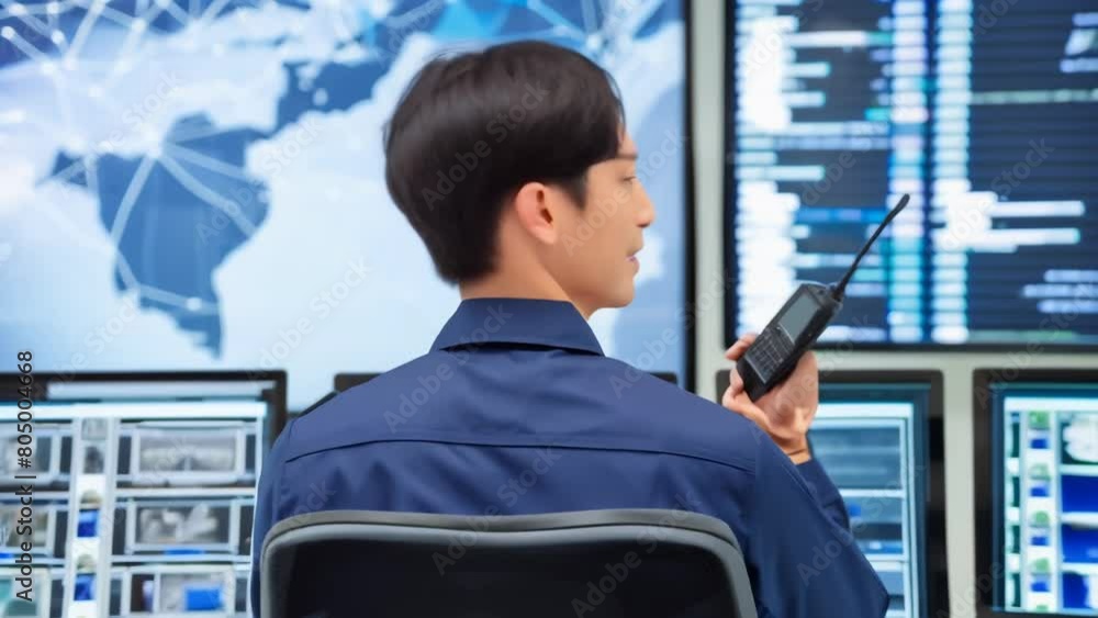 Network security specialist monitors multiple computer screens ...
