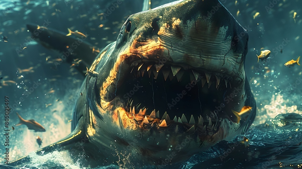 Megalodon Shark Emerging from Depths with Jaws Agape Revealing Rows of ...