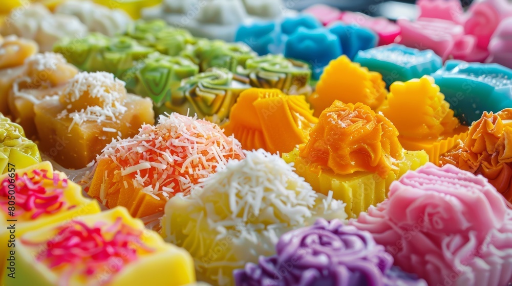 A colorful display of traditional Malay kuih (desserts) in various ...