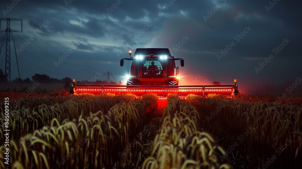 A robotic harvester with bright LED work lights operating efficiently ...