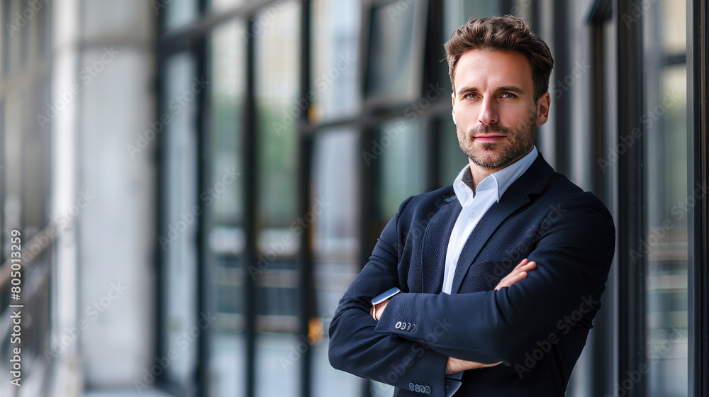 Distinguished man in a blue suit standing by a window, ideal for ...