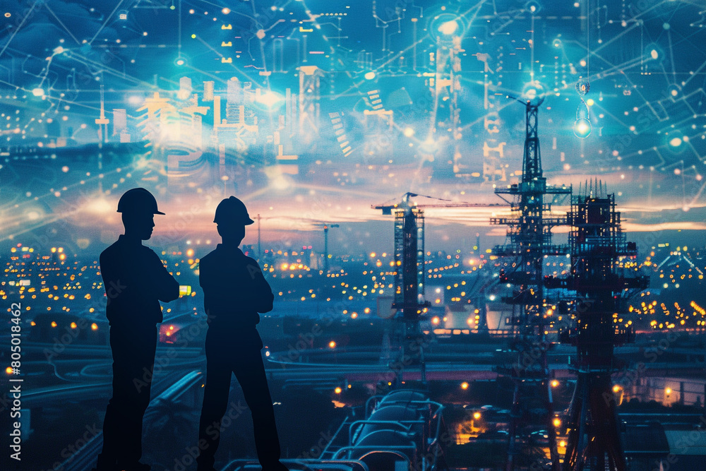 Civil engineers silhouette overseeing a futuristic city construction ...