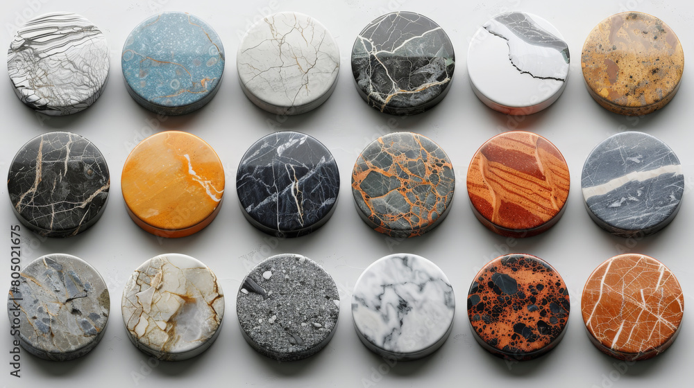 A collection of various round marble and natural stone samples with ...