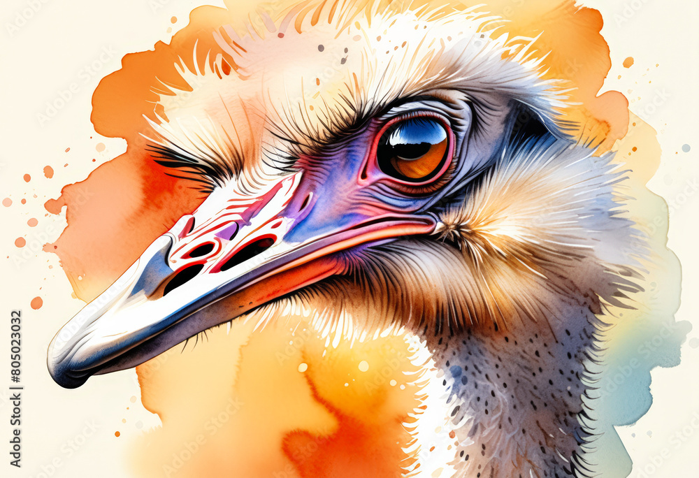 Colorful digital art portrait of an ostrich with a vibrant orange ...
