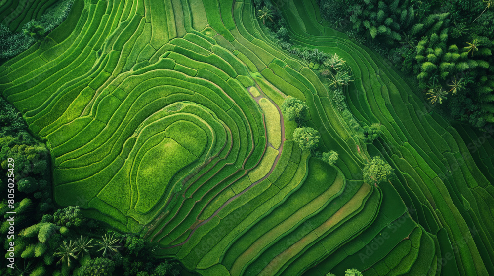 Aerial view of lush green terraced rice fields with a pattern ...