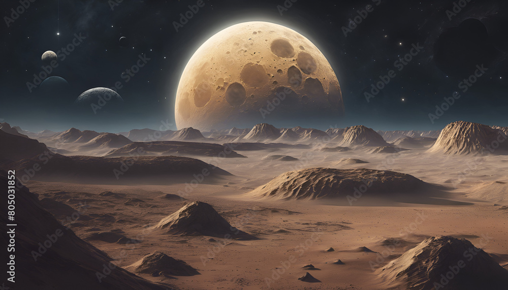 Enchanting lunar landscape with rugged terrain, lunar craters and ...