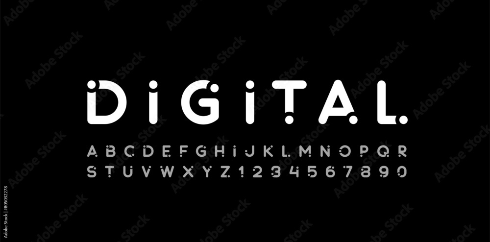 Font digital alphabet with white dots, letters and numbers, vector ...