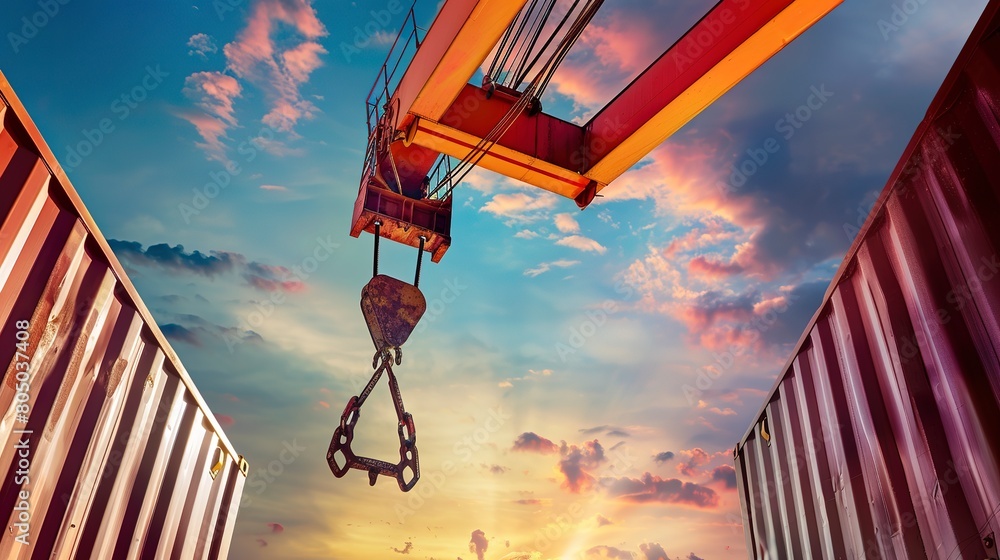 Shipping containers being loaded at port, close-up on crane hooks and ...