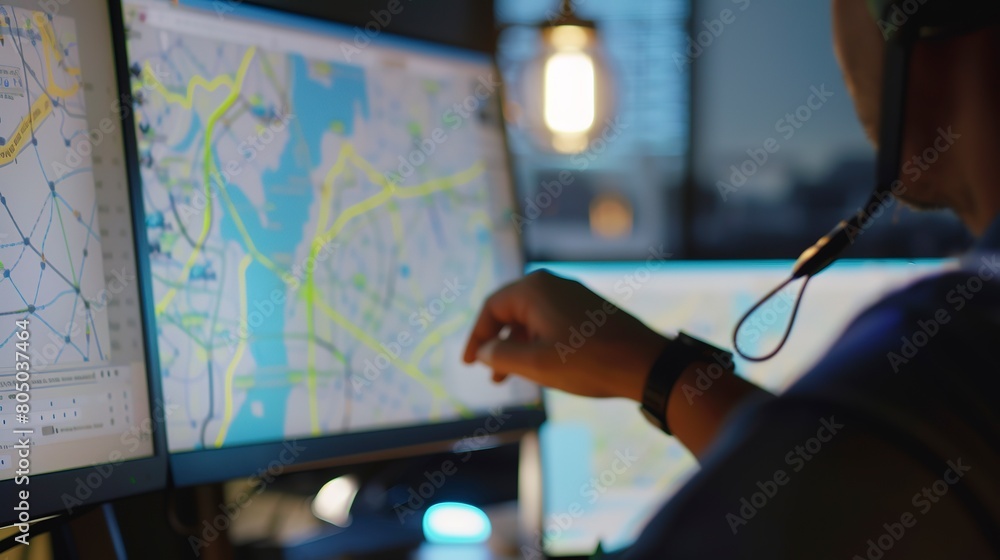 Logistic coordinator plotting routes on digital map, close-up on screen ...