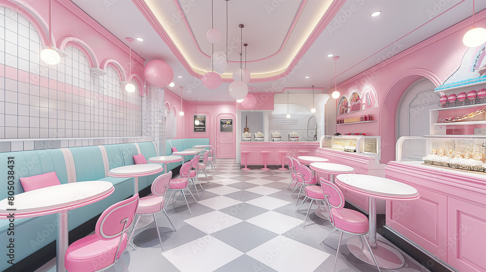 Cute vintage ice cream parlor interior with a pink and turquoise color ...