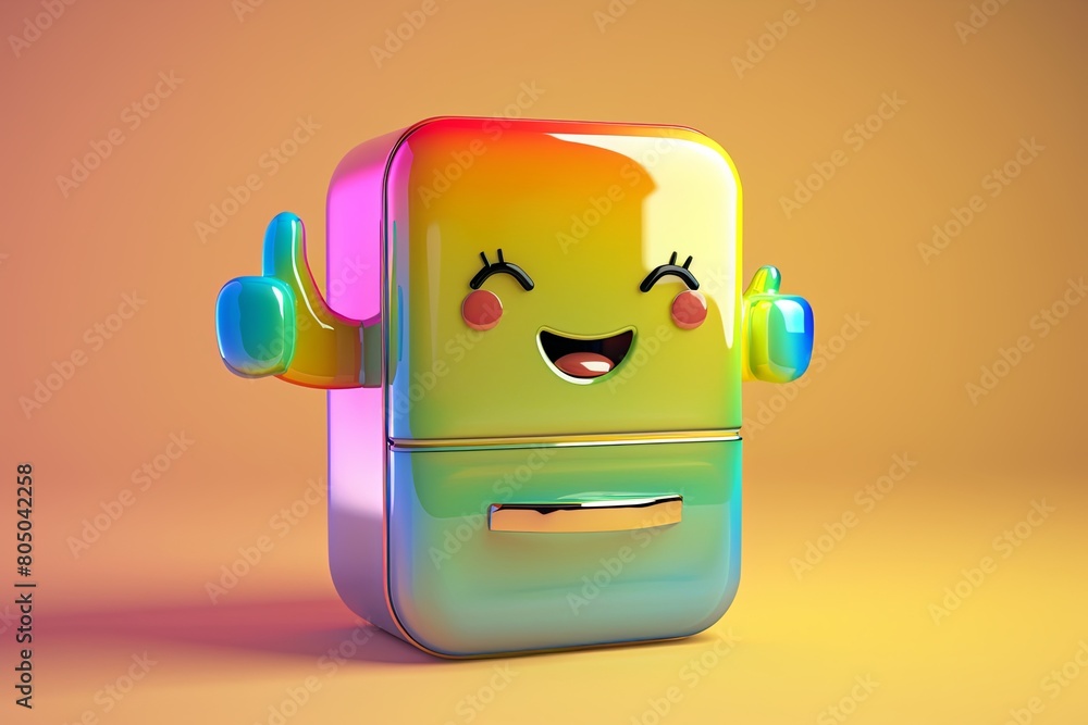 Artistic magenta and electric blue refrigerator with a face giving a ...