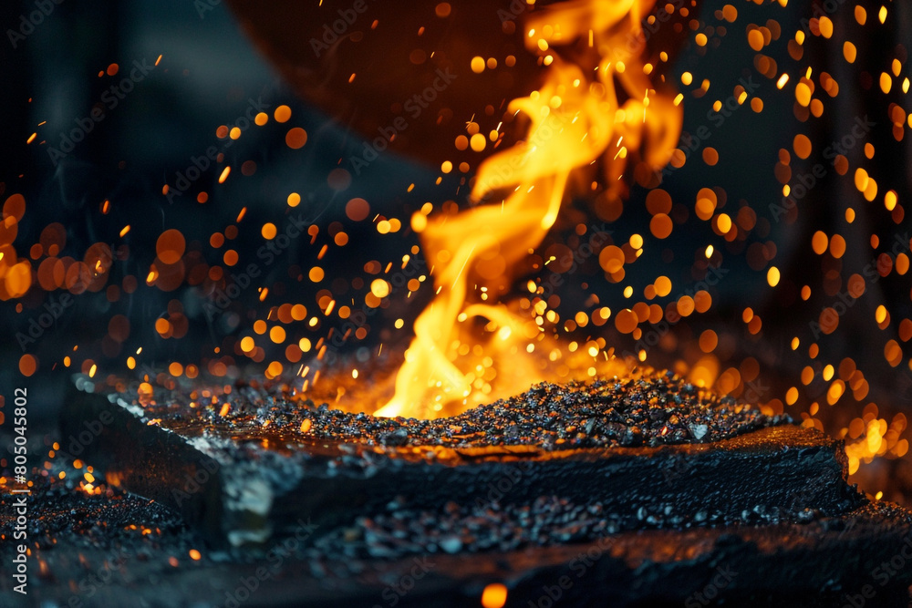 Close-up on the transformative moment of molten steel being cast into a ...