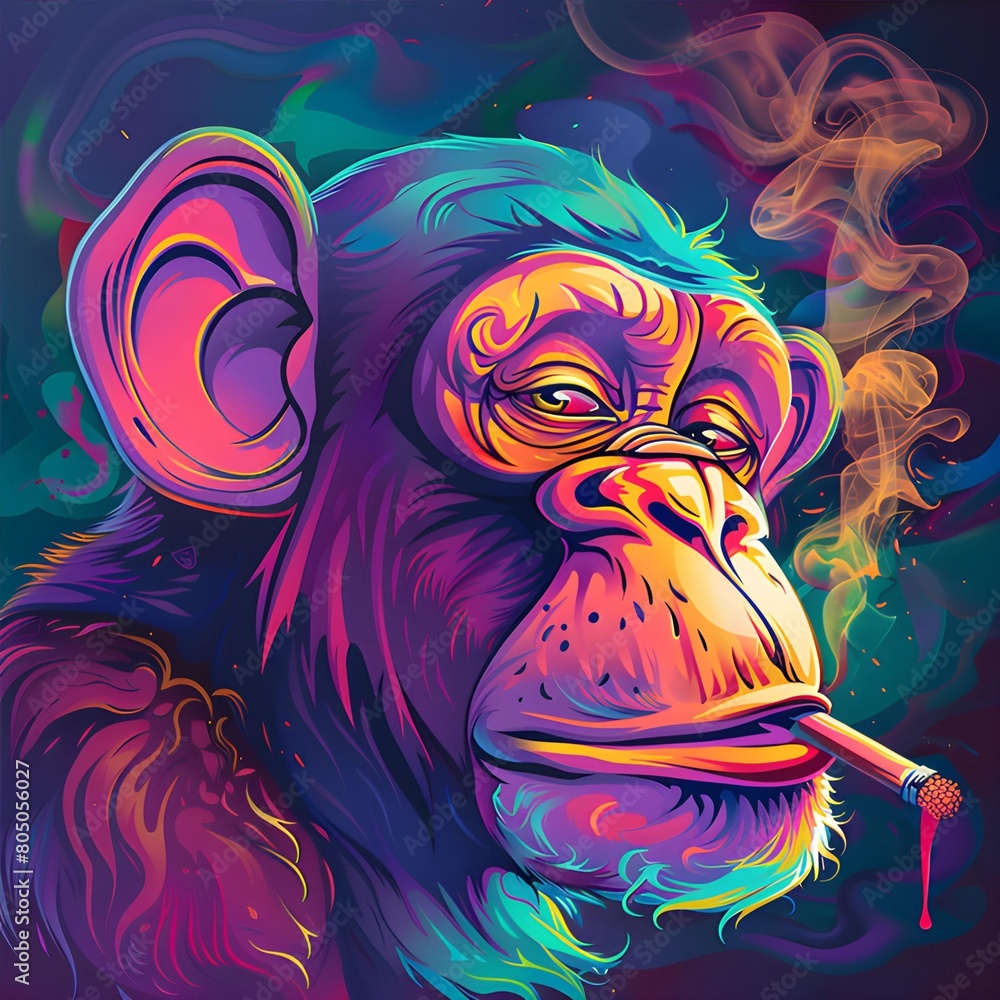 Picture a vibrant, rainbow-colored monkey sitting atop a tree branch ...