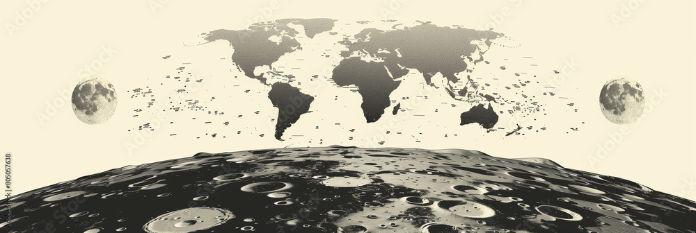 Minimalistic monochromatic world map design with lunar crater texture ...