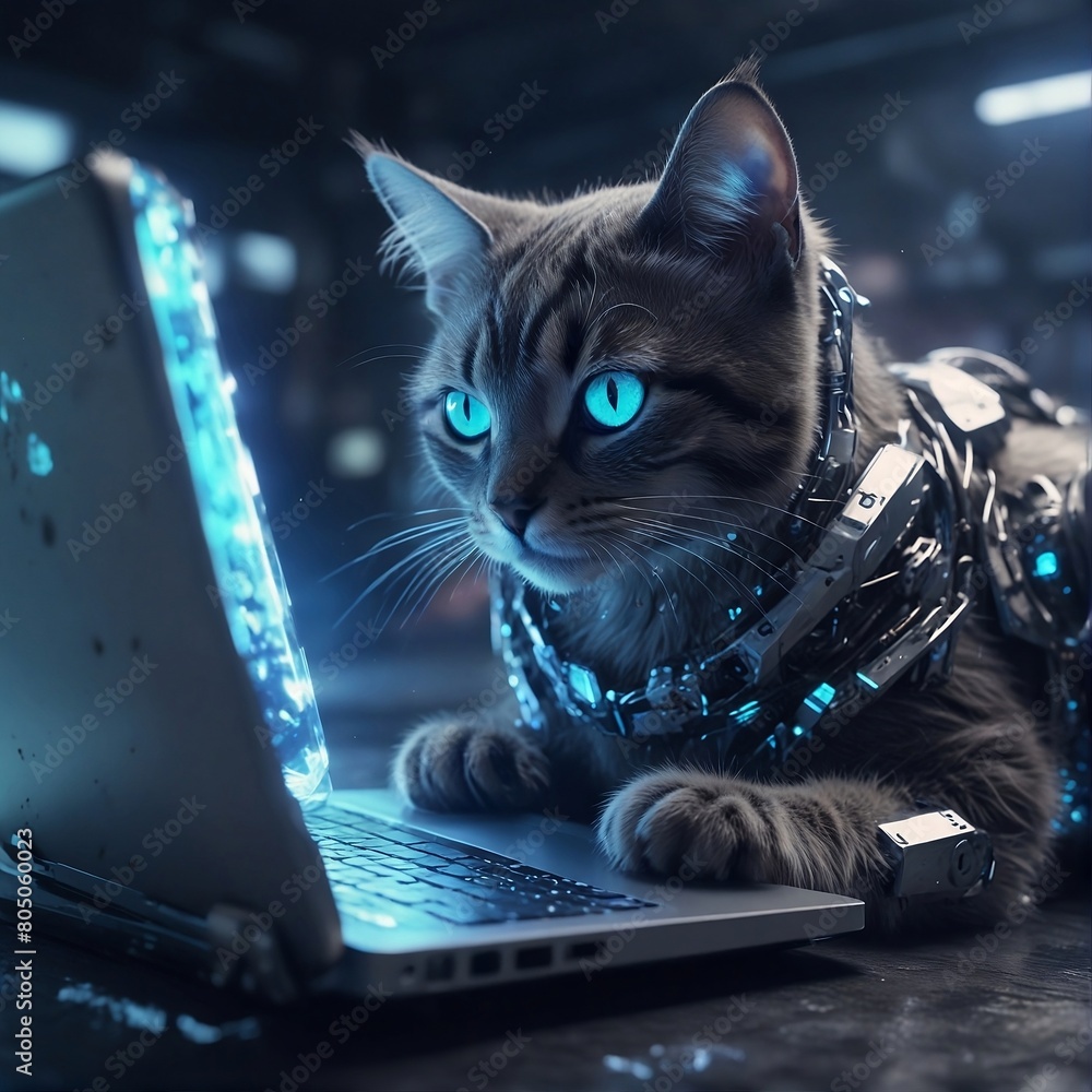 Portrait of a futuristic robot Cat. An artistic abstract cyberpunk ...