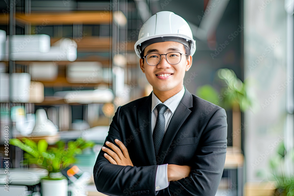 Smiling young engineer man in classic black suit shirt tie and ...
