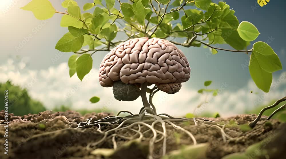 Abstract tree with roots resembling human brain, tall and lush with ...