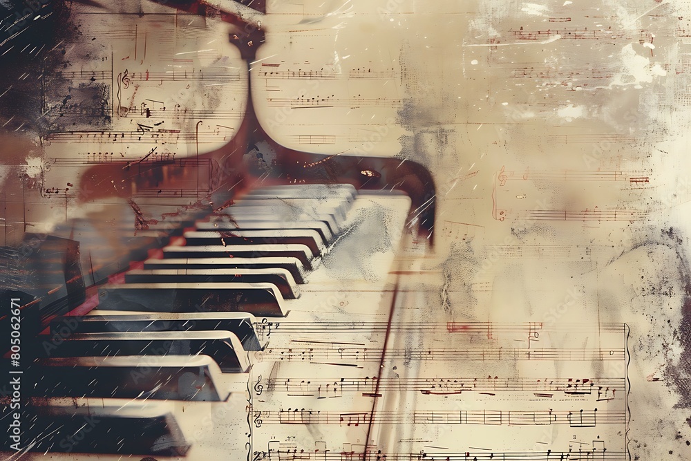 Grunge music background - vintage piano and music notes. Grunge piano ...