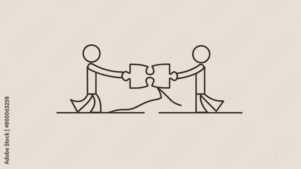 Two stick figures are depicted, each holding one puzzle piece and ...