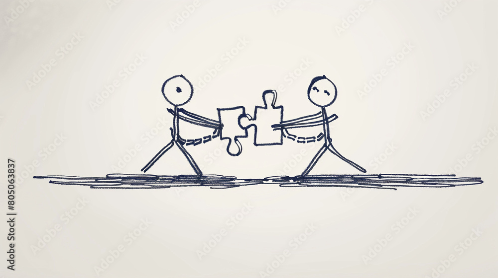 Two stick figures are depicted, each holding one puzzle piece and ...