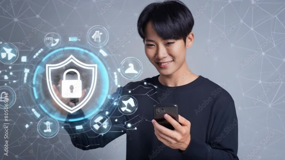 Young Asian person uses smartphone, surrounded by glowing cyber ...