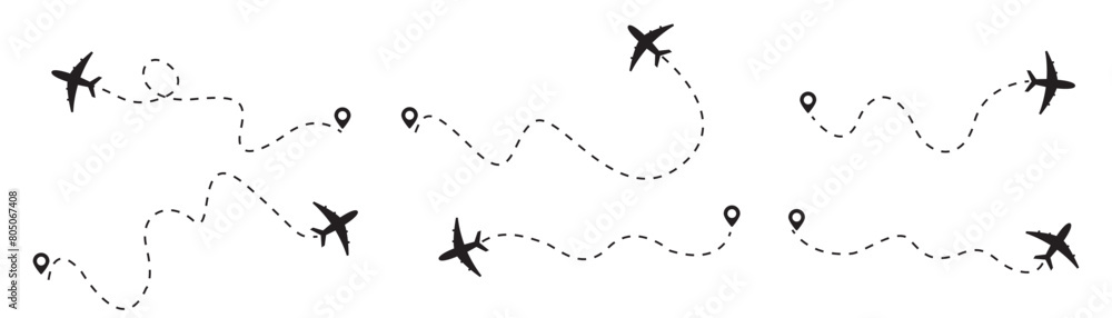 Airplane Plane routes line set. Planes dotted flight pathway. Plane ...