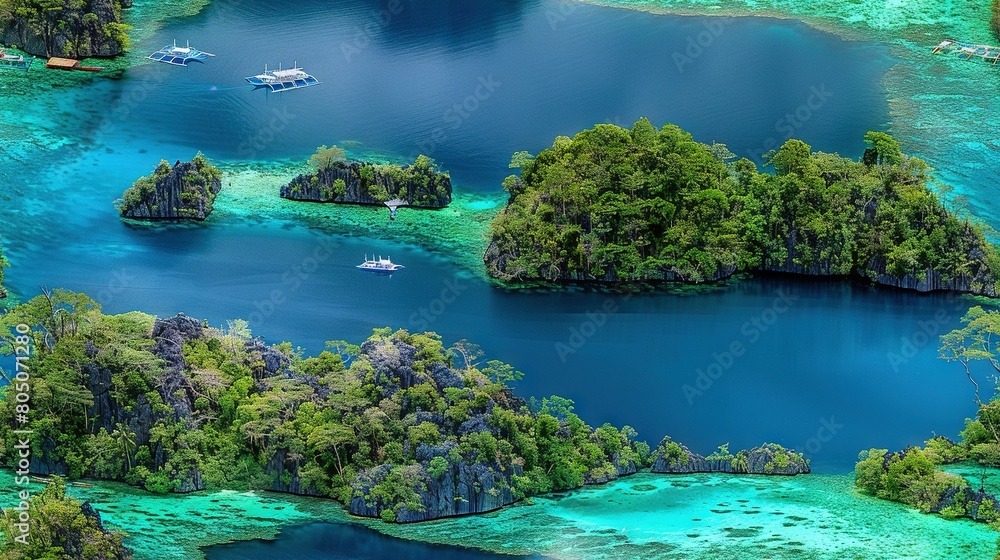 A collection of tiny isles surrounded by a water body, featuring a ...
