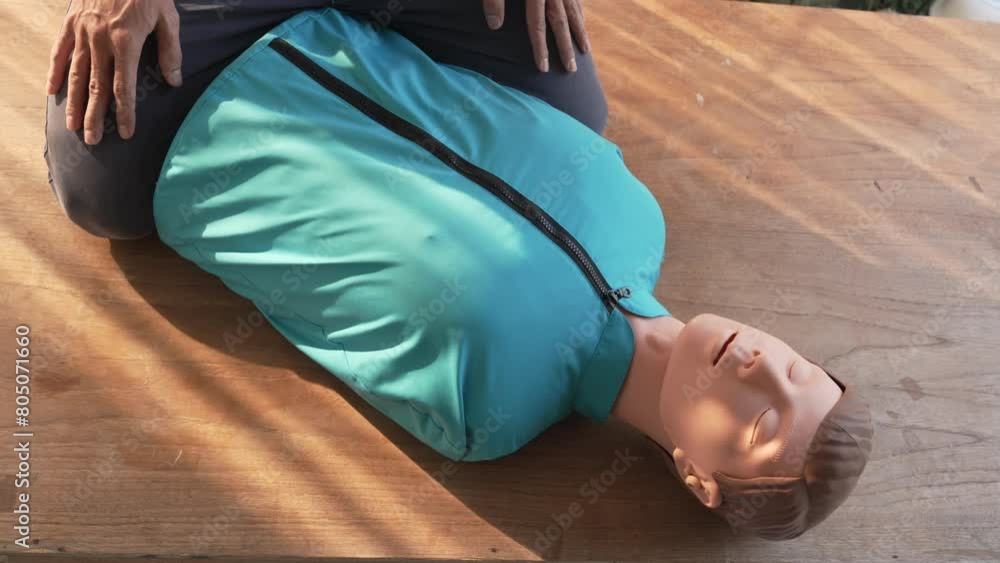 Close-up of middle-aged Asian male hands performing cardiopulmonary ...