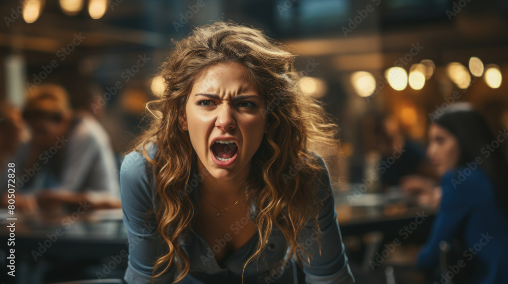 Angry Young Woman Shouting in a Busy Public Setting Captures Workplace ...