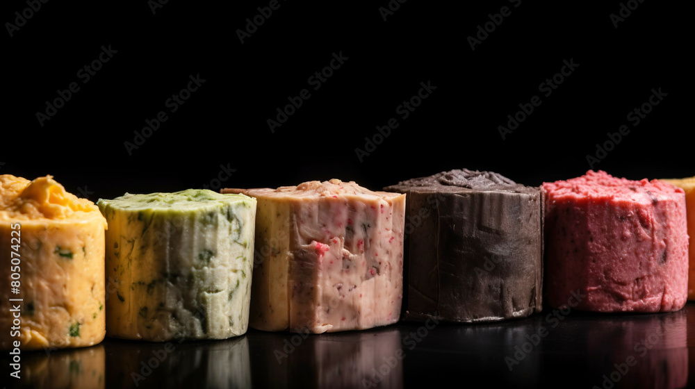 Different types of homemade baked pate in a row, black background. AI ...