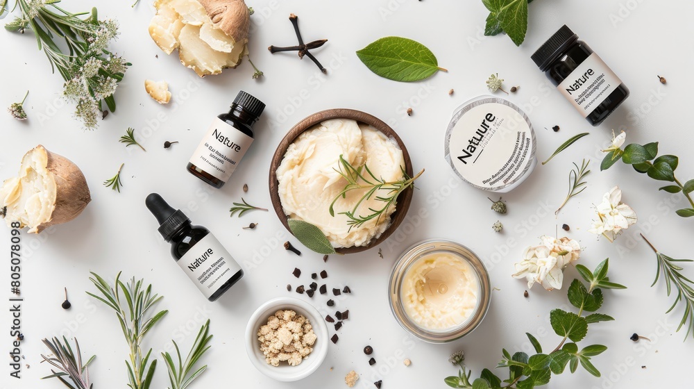 Shea butter, natural ingredient flat lay for cosmetic and personal ...