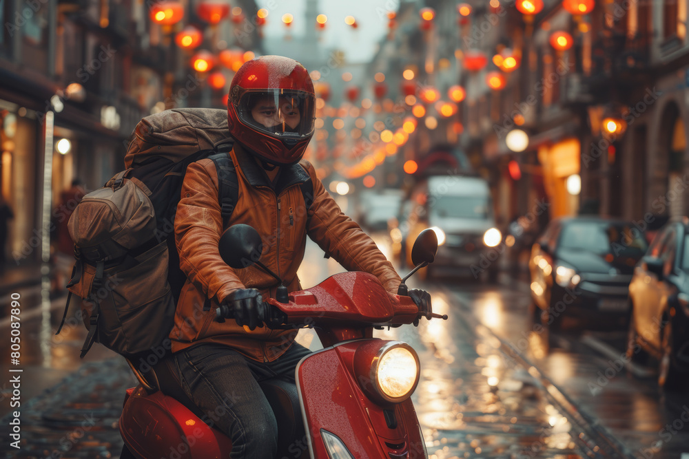 Young gig worker on a scooter delivering food in an urban environment ...