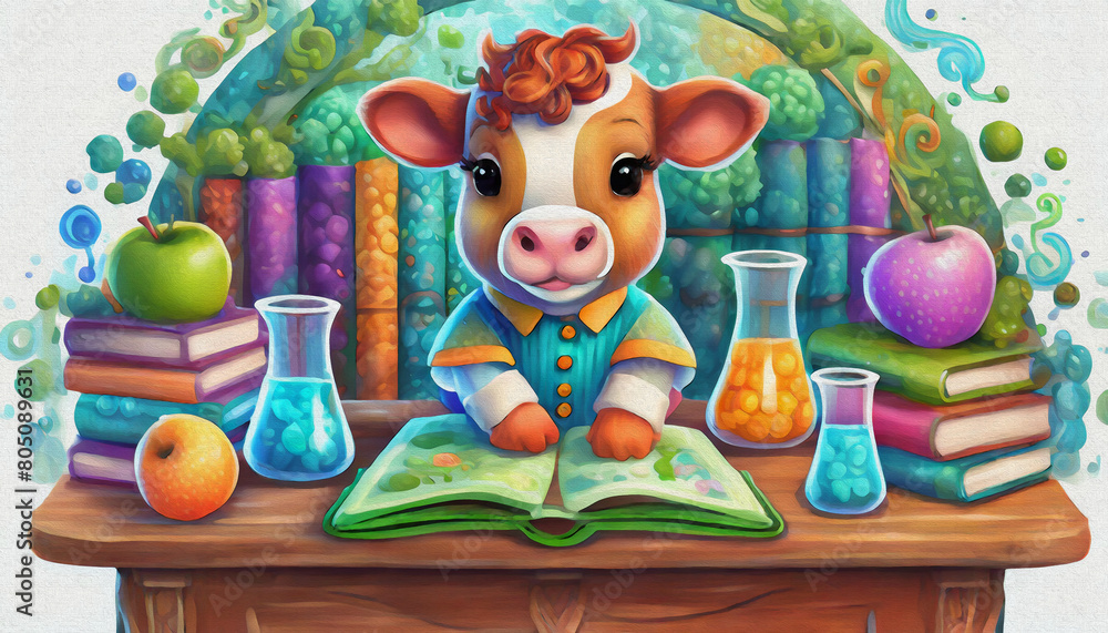OIL PAINTING STYLE CARTOON CHARACTER baby cow are doing science ...