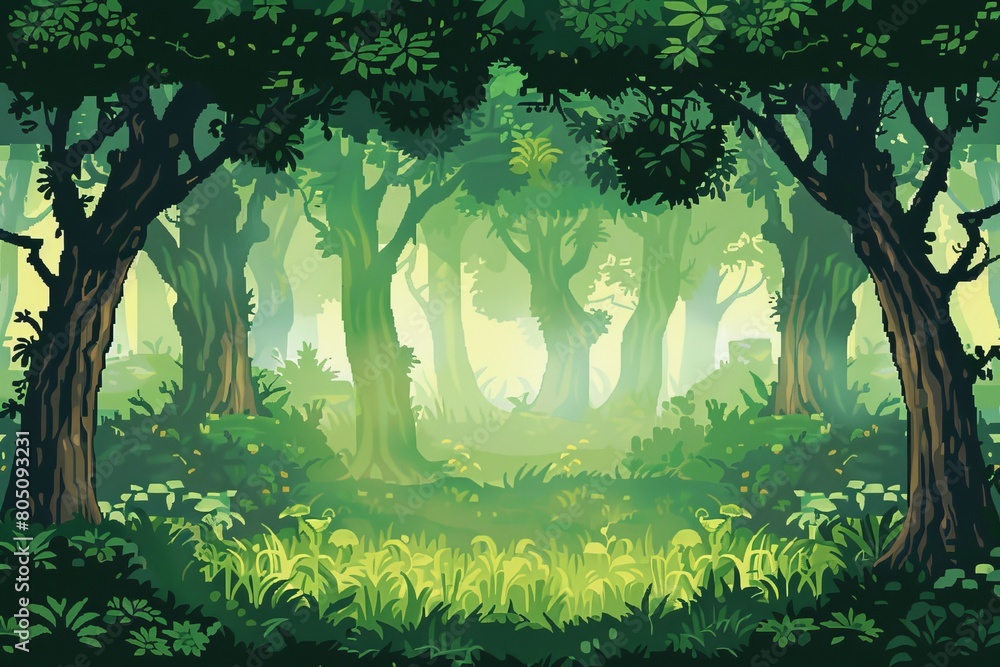 Digital Forest Clearing with Lush Foliage in Pixel Art, Concept of ...