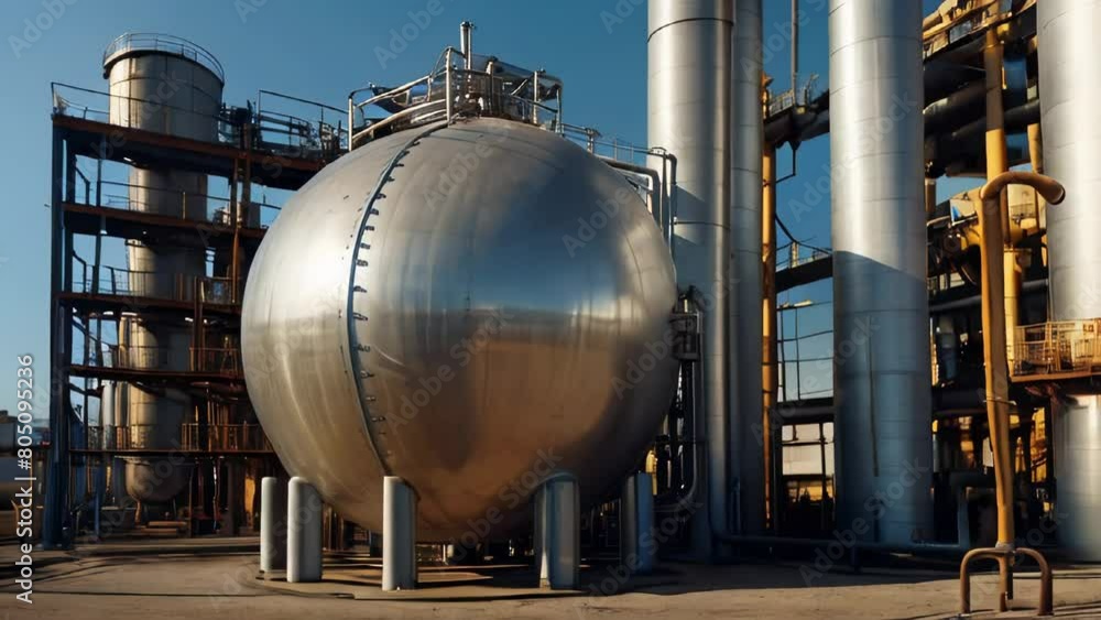 A large round ball-shaped shiny metallic high-pressure iron storage ...