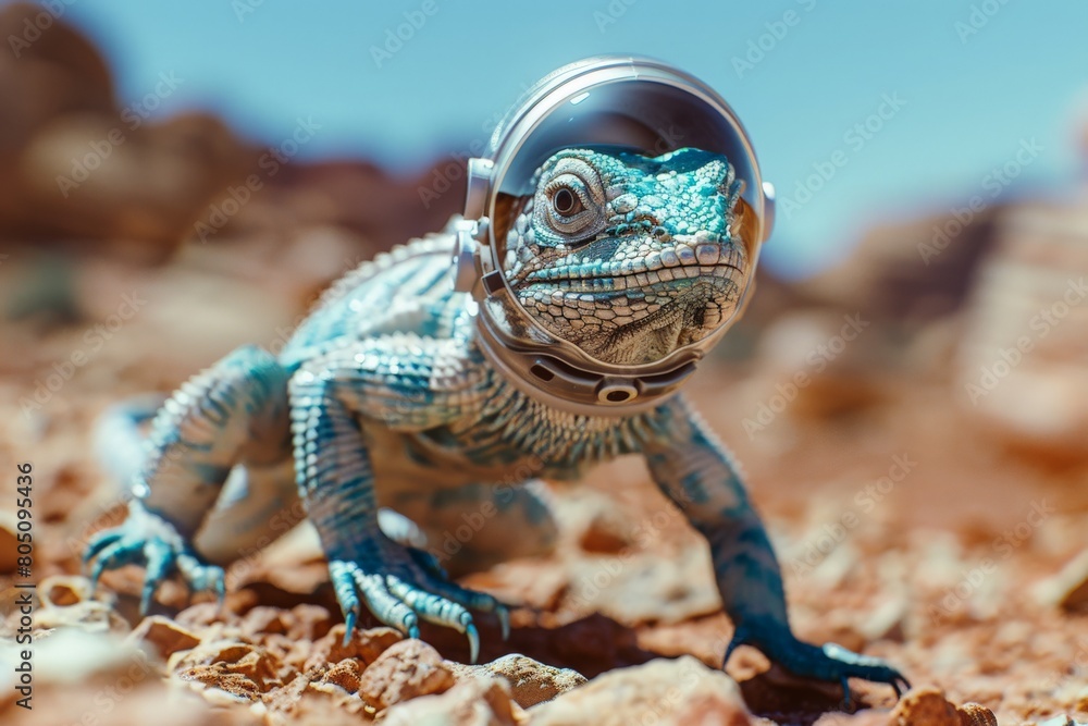 A hyper-realistic futuristic soldier lizard with blue skin, wearing an ...