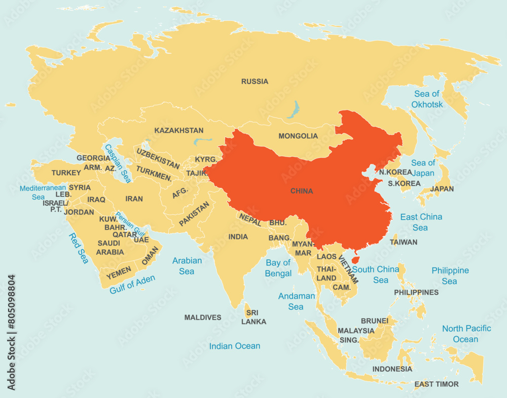 Highlighted red map of CHINA inside orange detailed tagged map of Asia ...