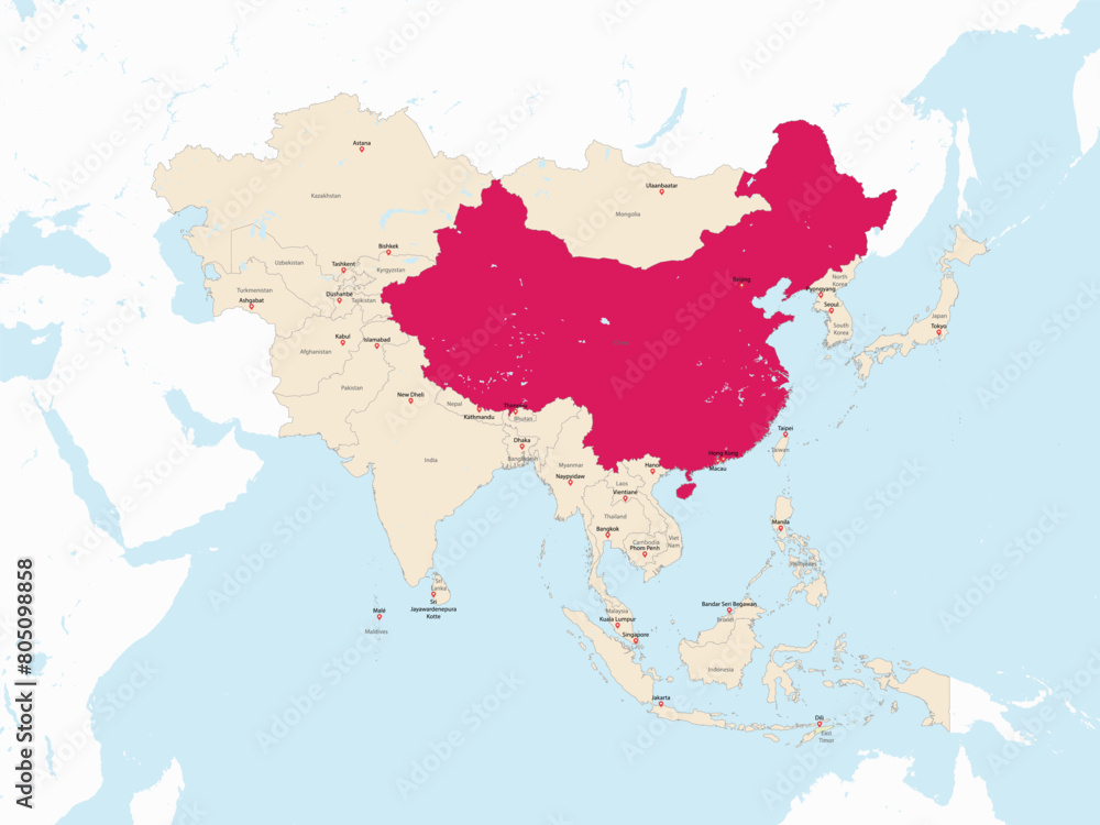 Highlighted red map of CHINA inside light red detailed political map of ...