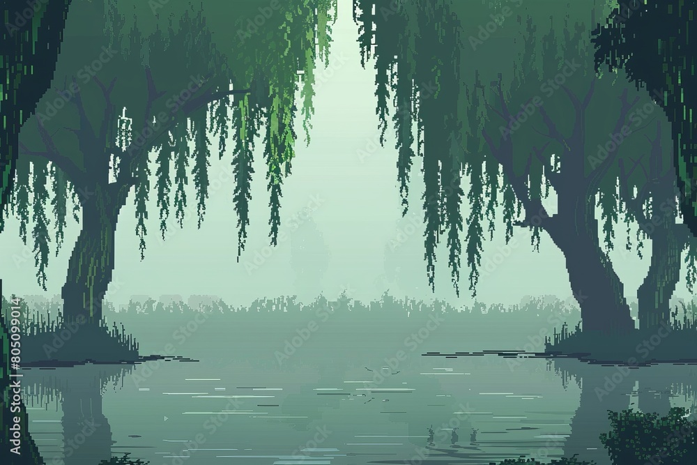 Pixel Art of a Serene Swamp with Weeping Trees and Calm Waters, Concept ...