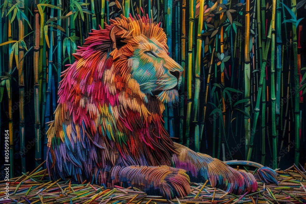 A majestic lion crafted entirely from melted crayons and colored ...