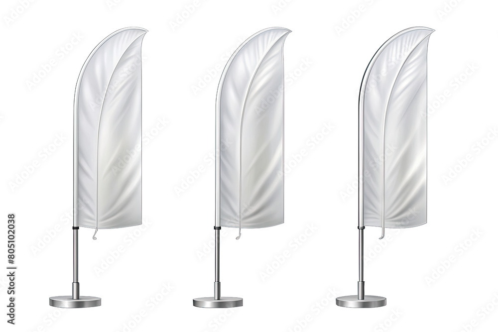 White blank feather flags, vertical banners stand, 3d realistic mockup ...