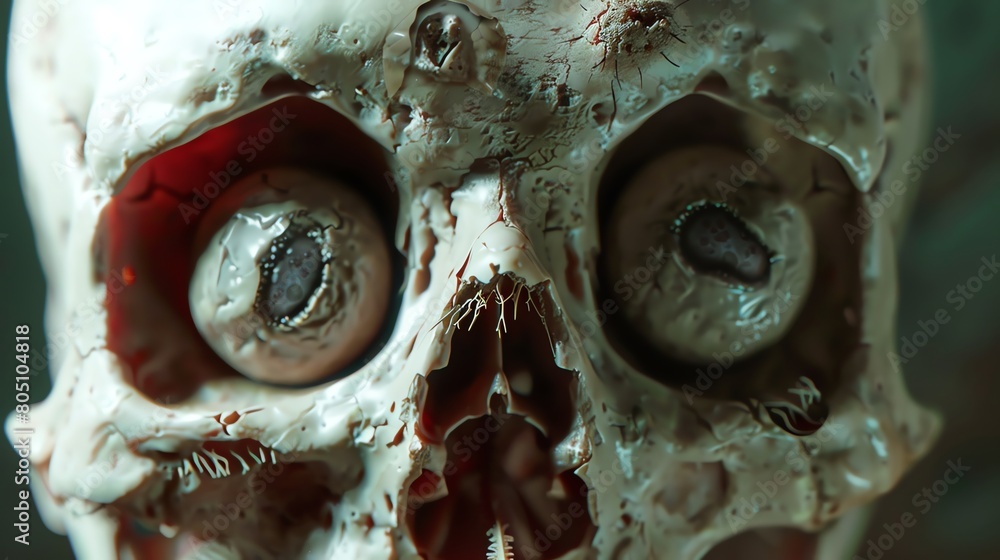 A macro 3D model of a skull with bacteria visible in the eye sockets ...