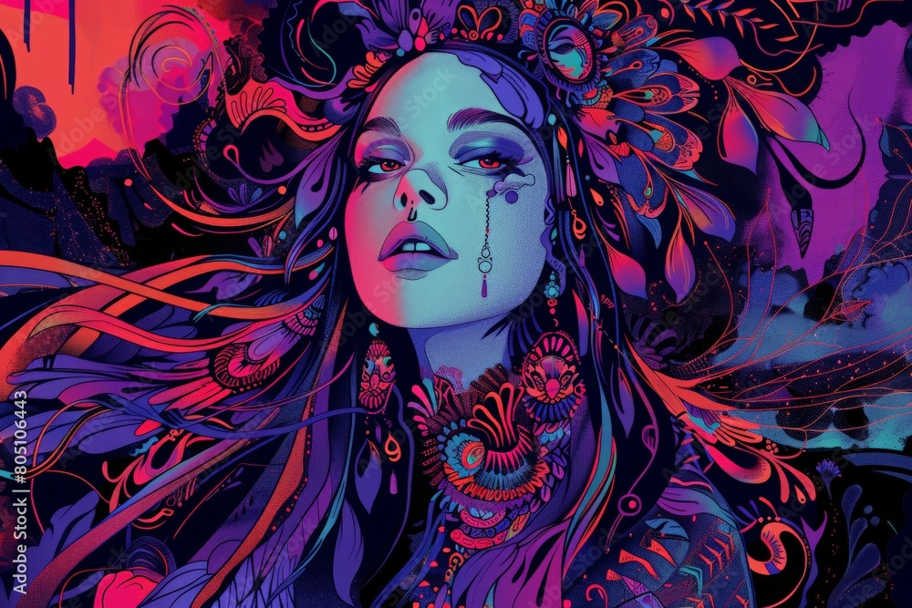 Gothic art piece featuring a hippie woman with a touch of noir, zoom ...