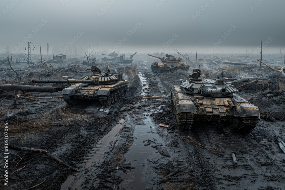 Powerful tanks advancing through ravaged landscape, ready to attack, creating unstoppable force ...
