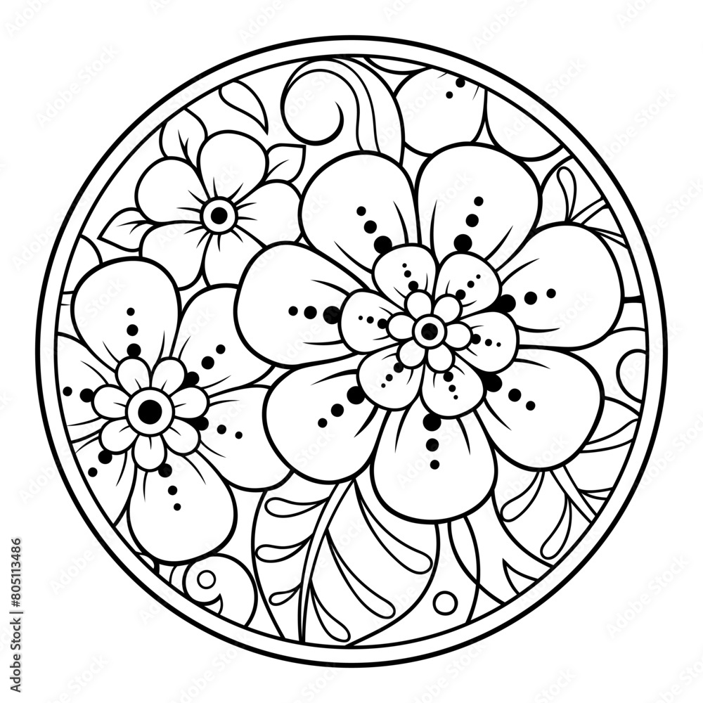 Outline round flower pattern in mehndi style for coloring book page ...
